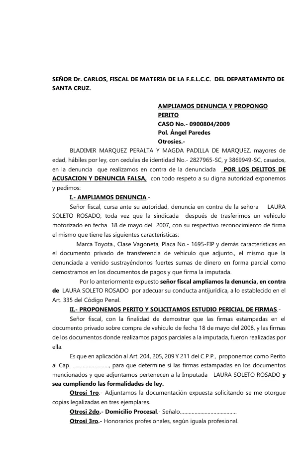 MODELO DE AMPLIACION DE DENUNCIA – ACUSACION Y DENUNCIA FALSA 2025