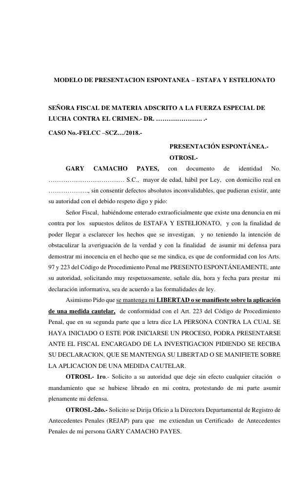 MODELO DE PRESENTACION ESPONTANEA – ESTAFA Y ESTELIONATO 2025