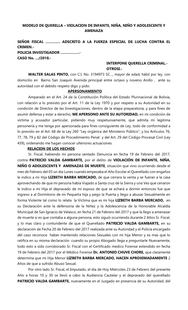 MODELO DE QUERELLA – VIOLACION DE INFANTE 2025