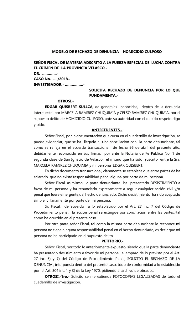 MODELO DE RECHAZO DE DENUNCIA – HOMICIDIO CULPOSO 2026